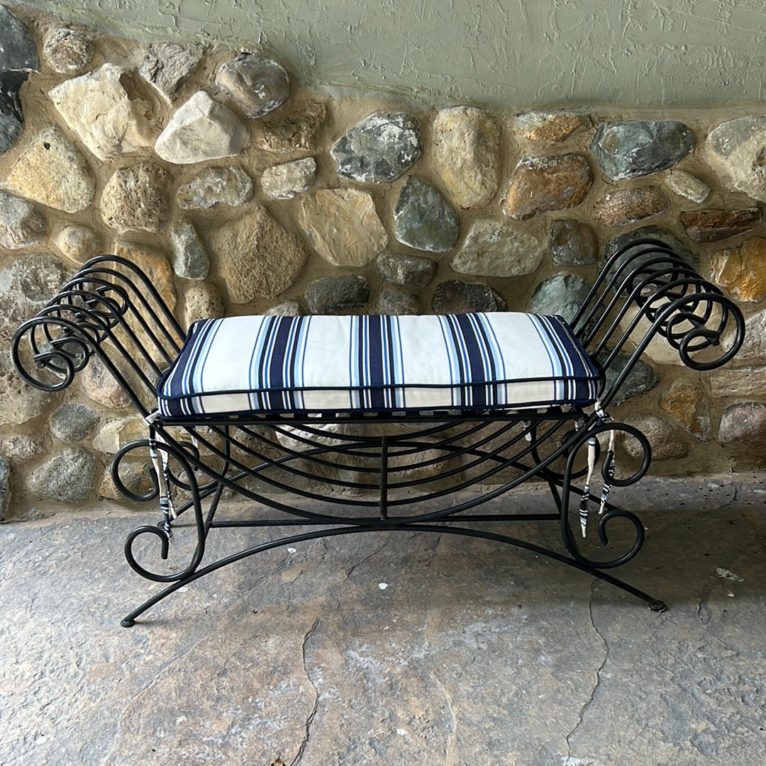 BROWN JORDAN Wrought Iron Bench with Striped Cushion – KLM Luxury ...